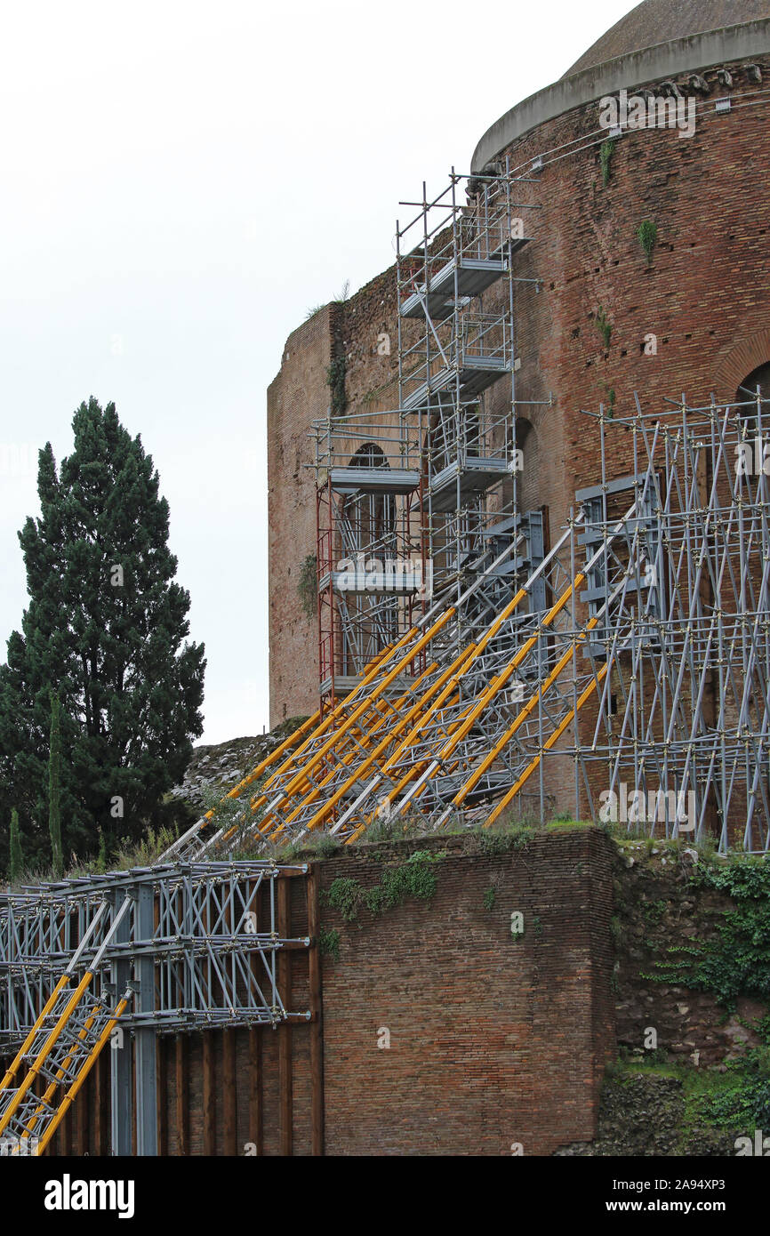 scaffolding supporting an ancient Roman landmark during the ...