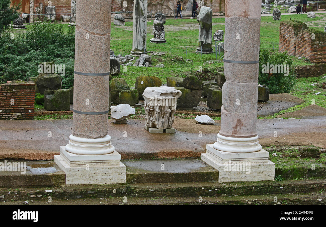 Remains of ancient Roman columns in the Forum of Augustus showing the ...