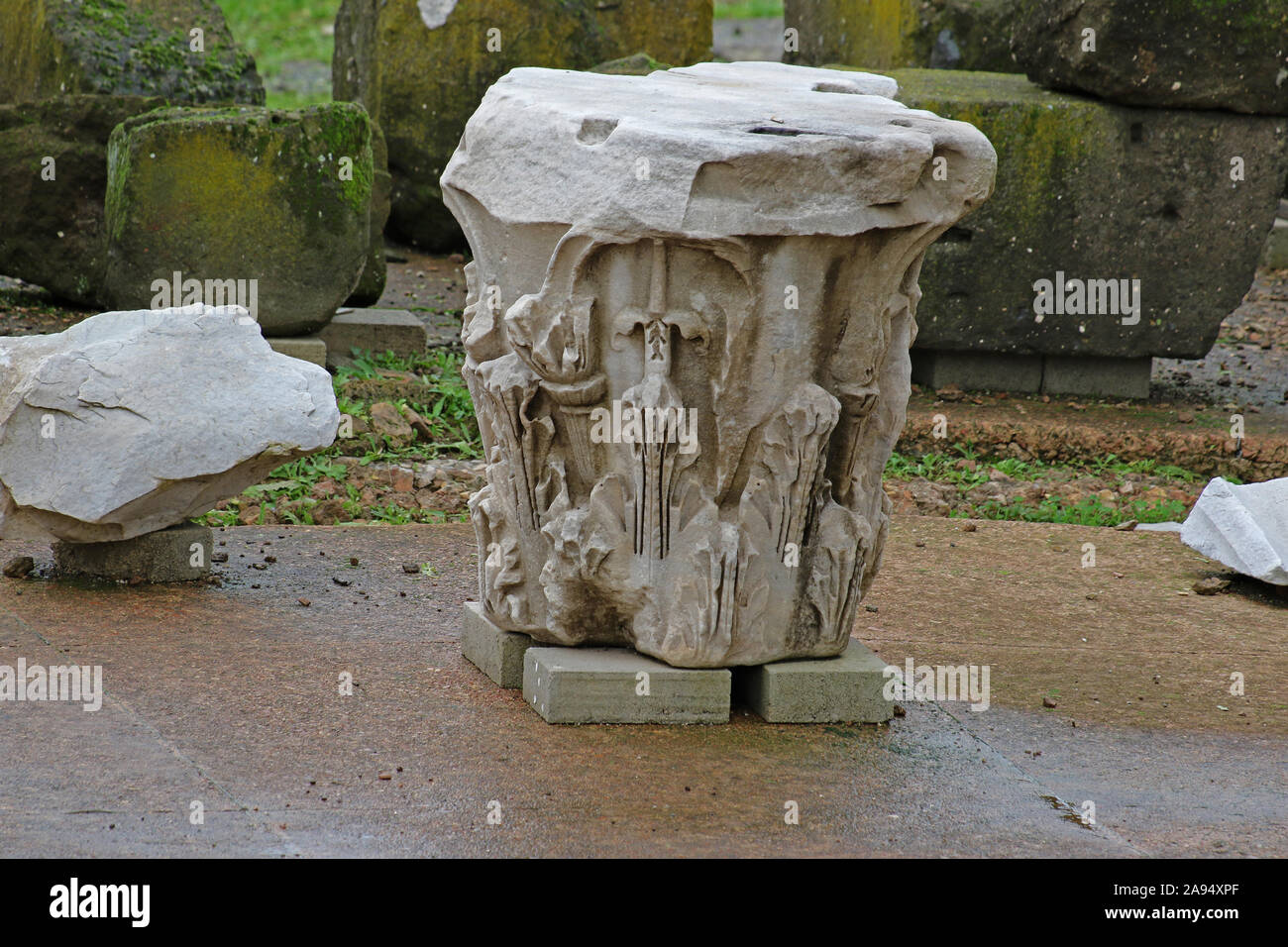 A piece or remains of an ancient Roman column in the Forum of Augustus ...