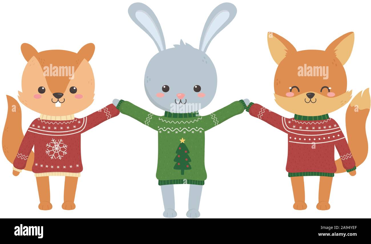 merry christmas celebration rabbit squirrel and fox sweater party ...
