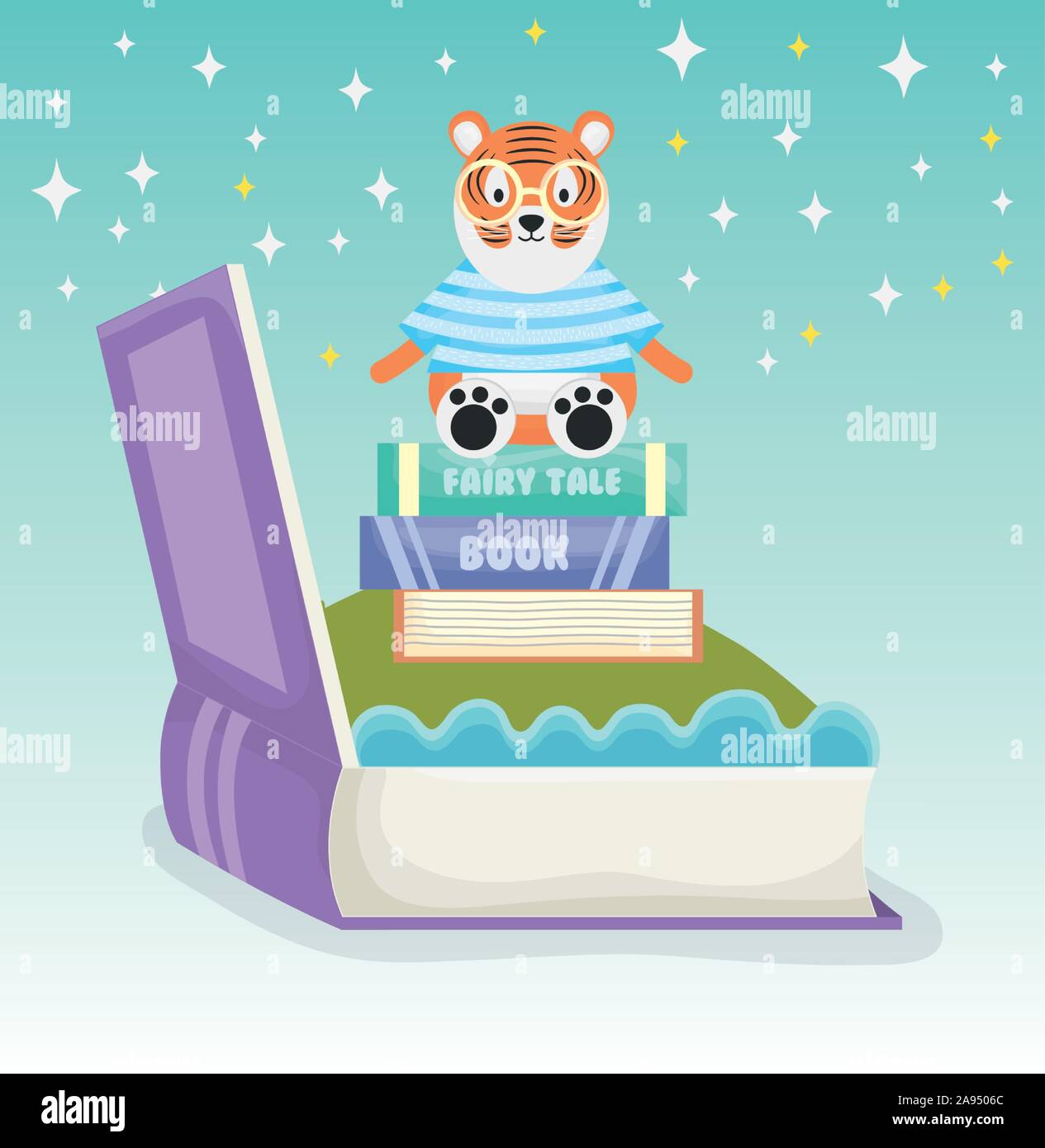 tiger sitting books fantasy fairy tale vector illustration Stock Vector ...