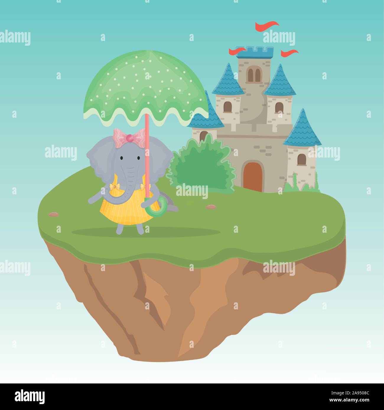 female elephant with umbrella and castle fantasy fairy tale vector ...