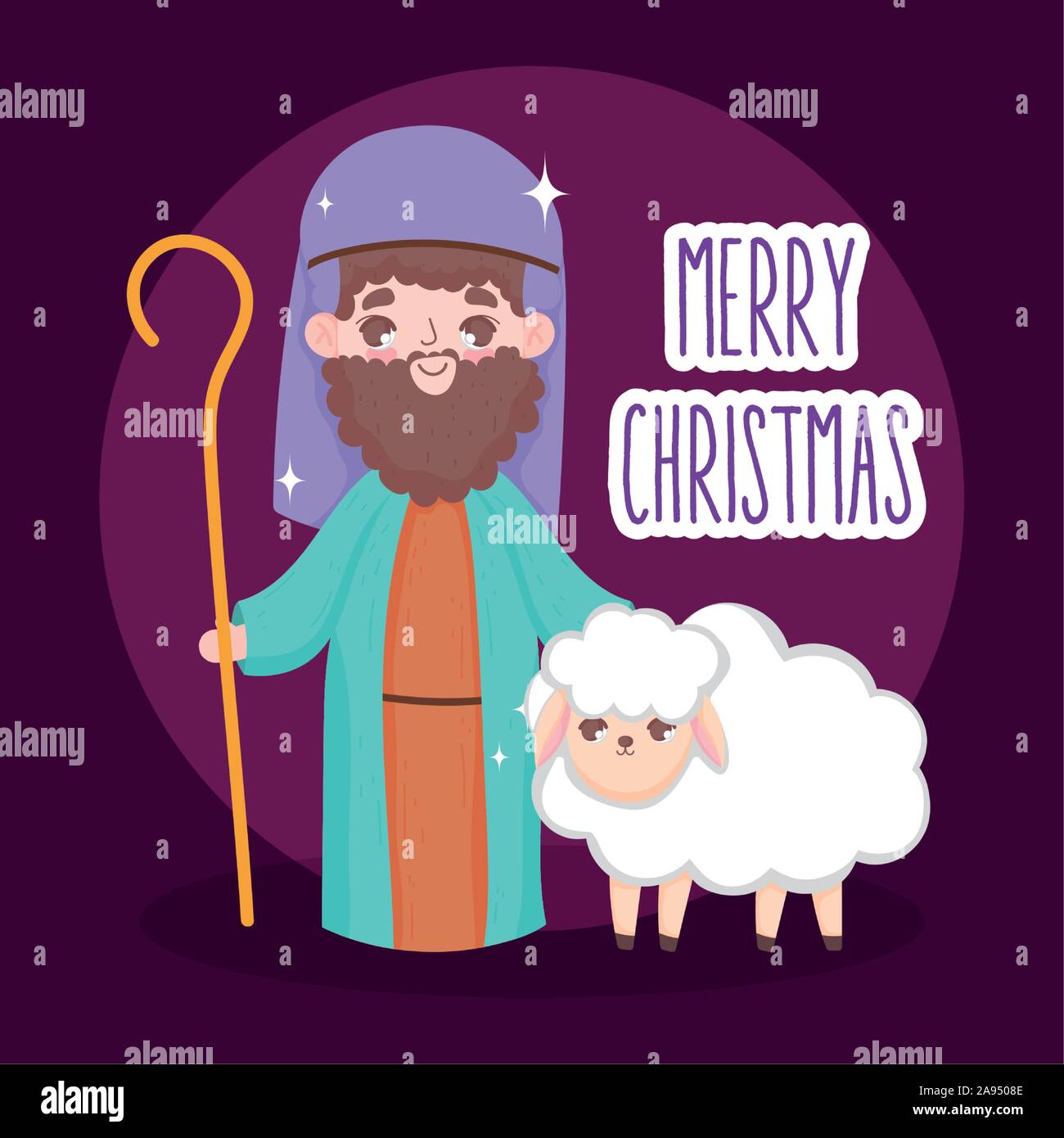shepherd with sheep manger nativity, merry christmas vector ...