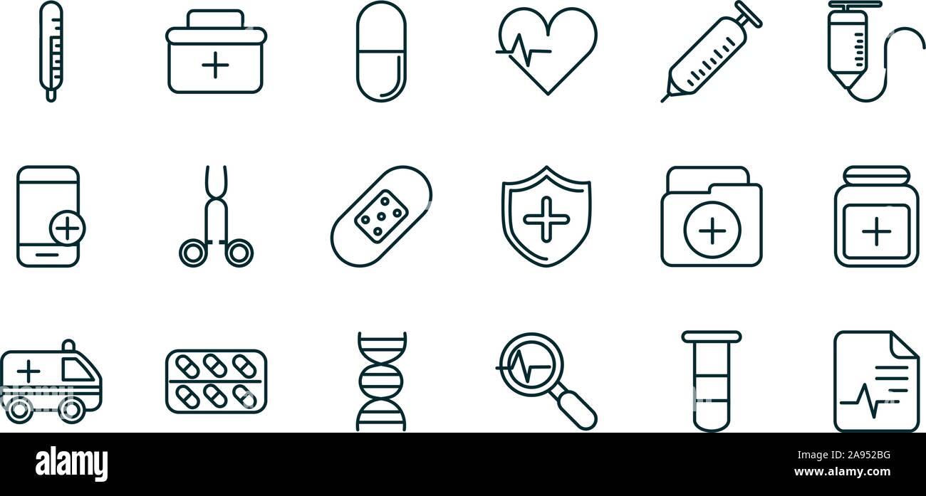 healthcare equipment medical icons set line fill vector illustration ...