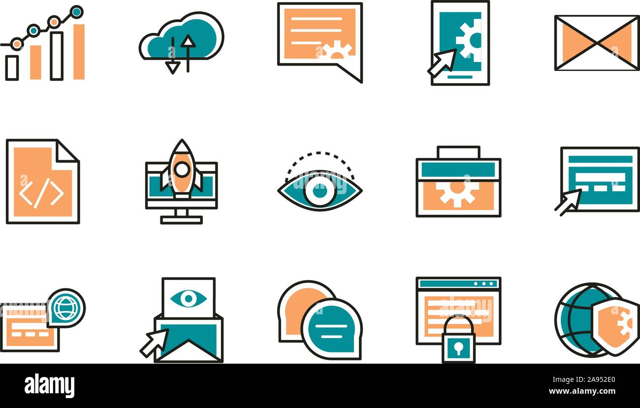 web development icons collection vector illustration line and fill ...