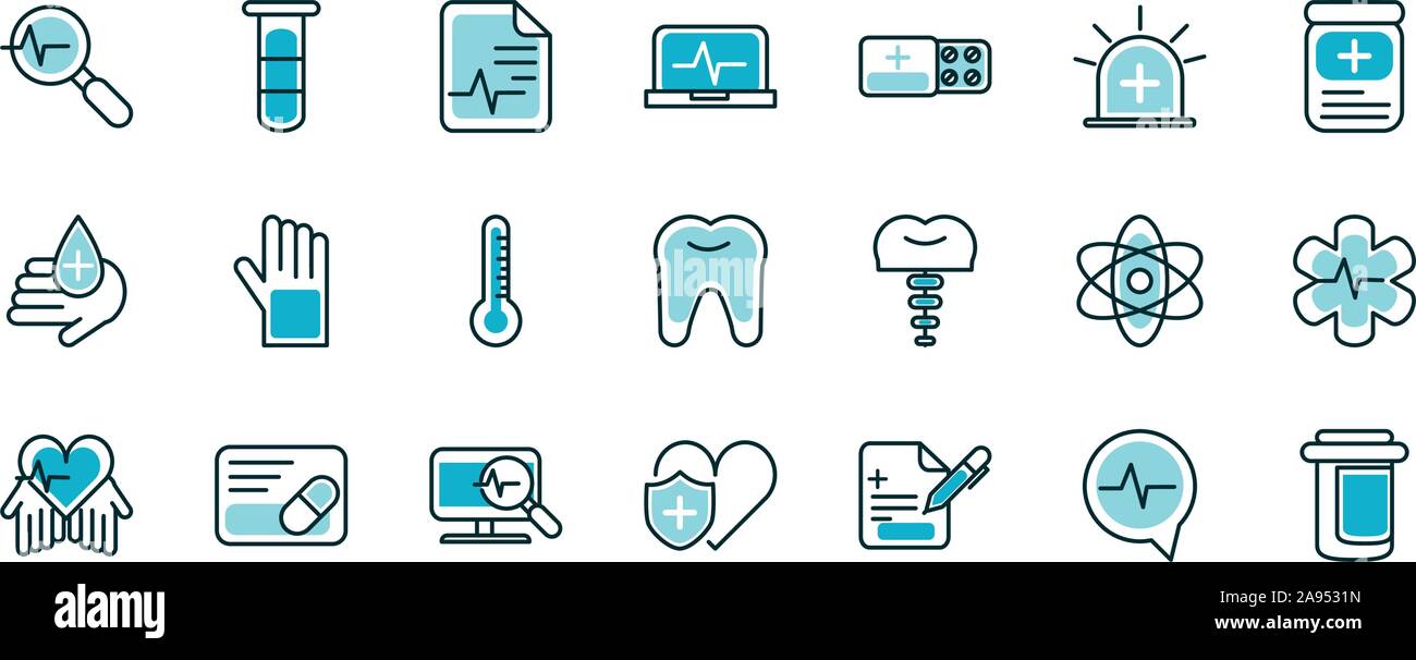 healthcare equipment medical icons set line fill vector illustration ...