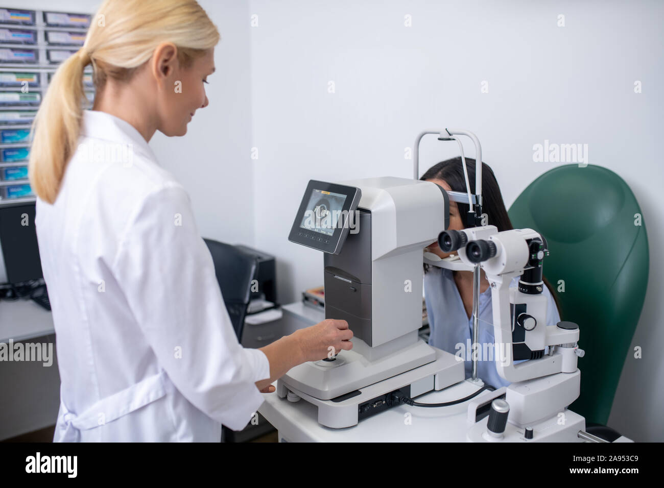 Screen showing eye. Close up of screen showing eye of patient while eye ...