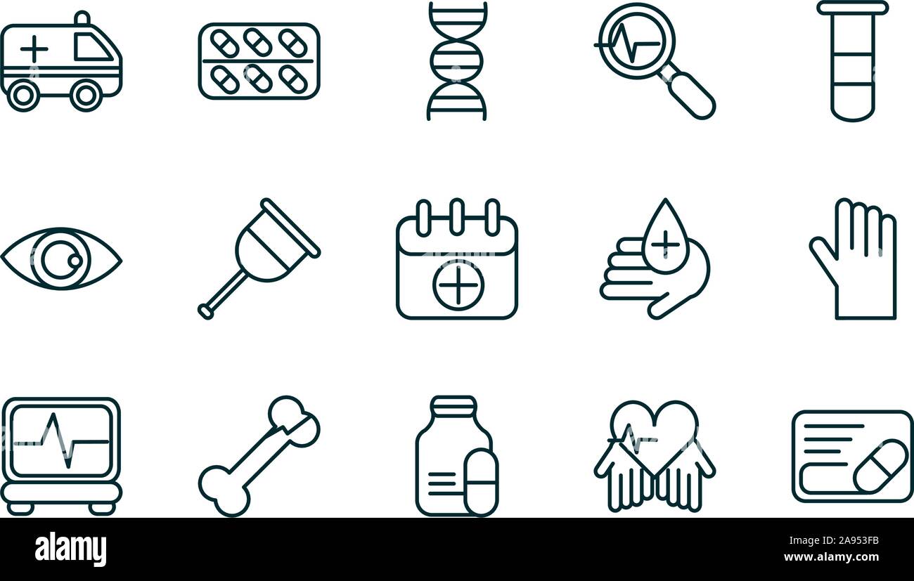 healthcare equipment medical icons set line fill vector illustration ...