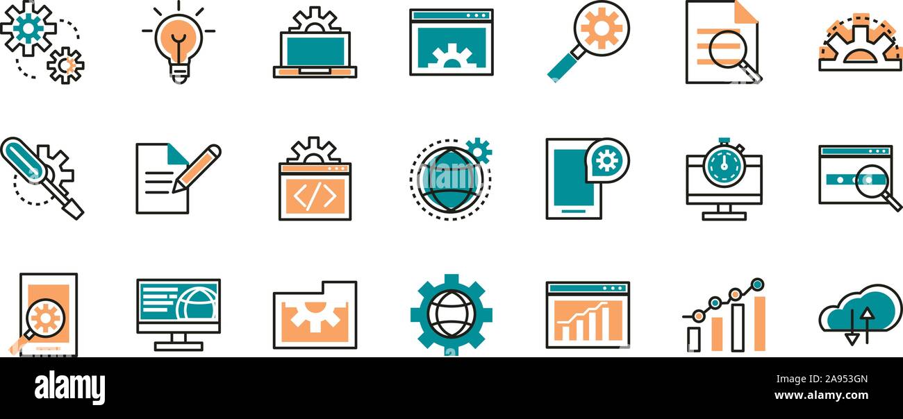 web development icons collection vector illustration line and fill ...