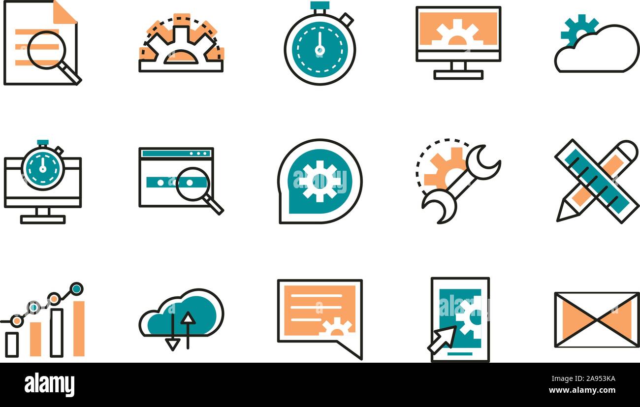 web development icons collection vector illustration line and fill ...