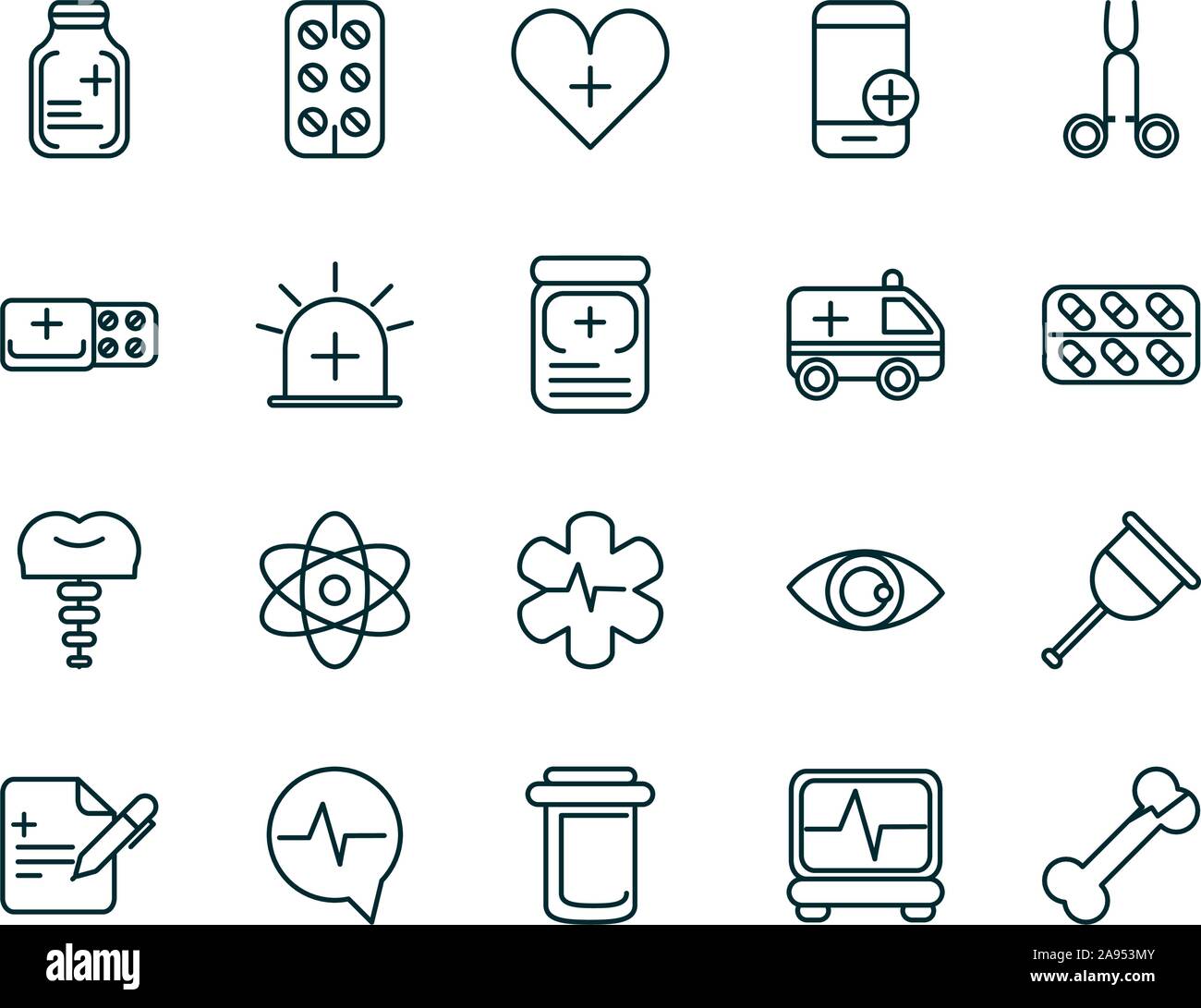 healthcare equipment medical icons set line fill vector illustration ...