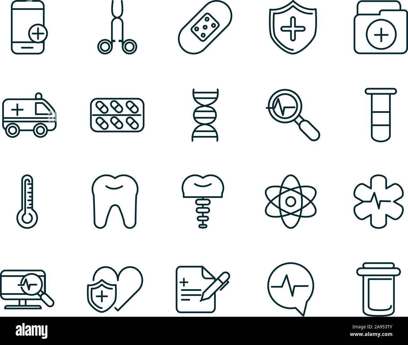 healthcare equipment medical icons set line fill vector illustration ...
