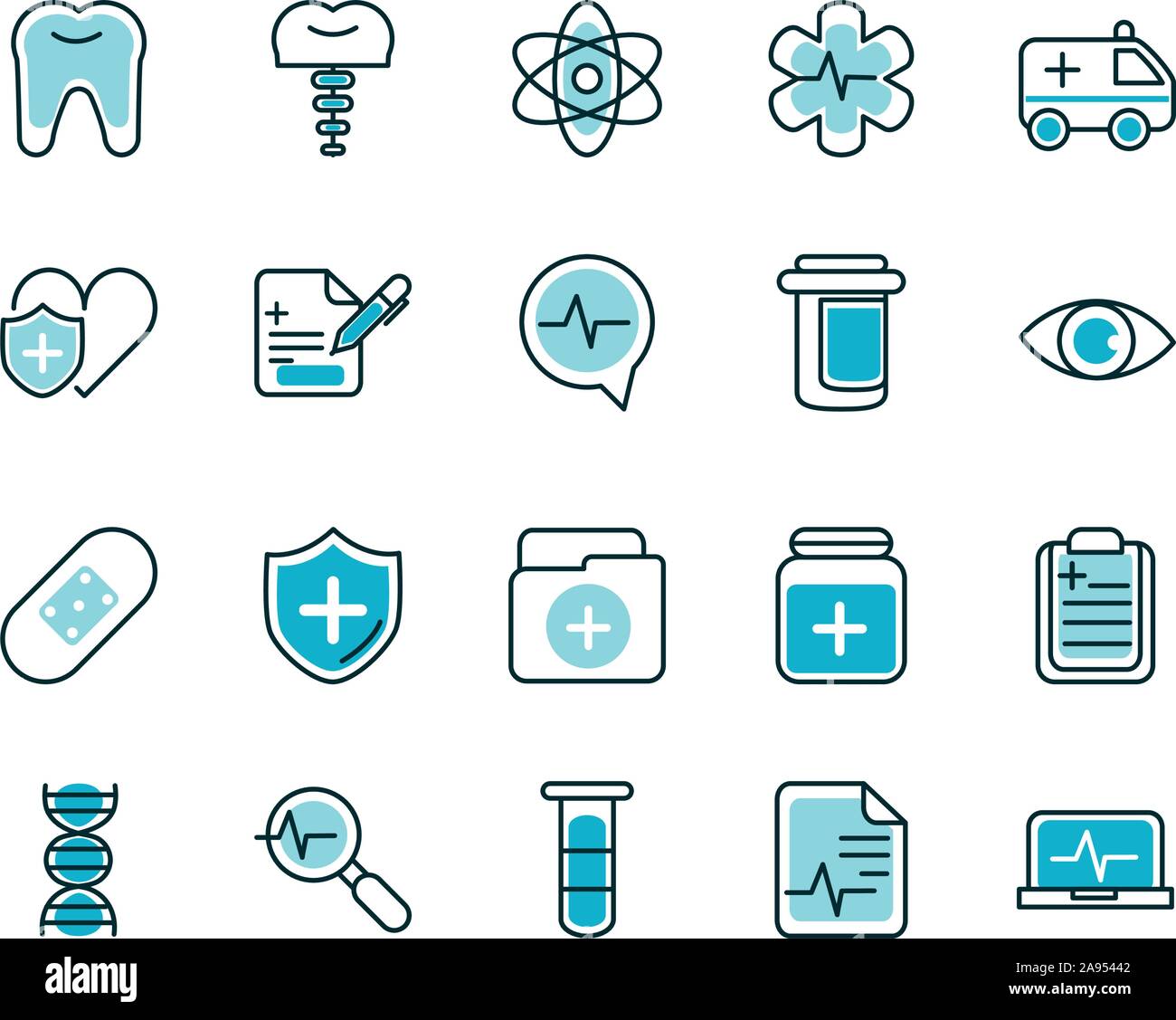 healthcare equipment medical icons set line fill vector illustration ...