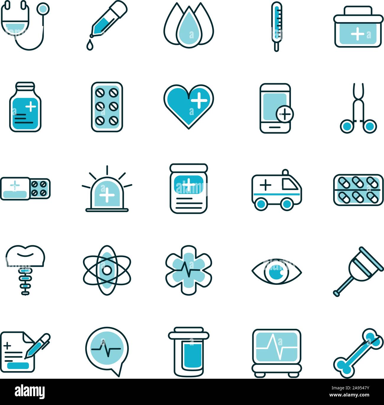 healthcare equipment medical icons set line fill vector illustration ...