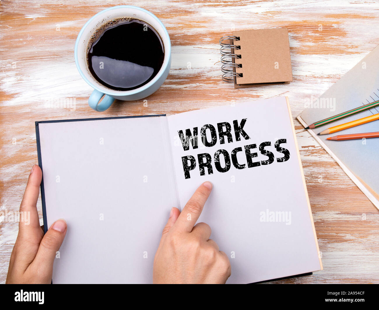 Work Process. Education, training and business concept. Hands holding ...