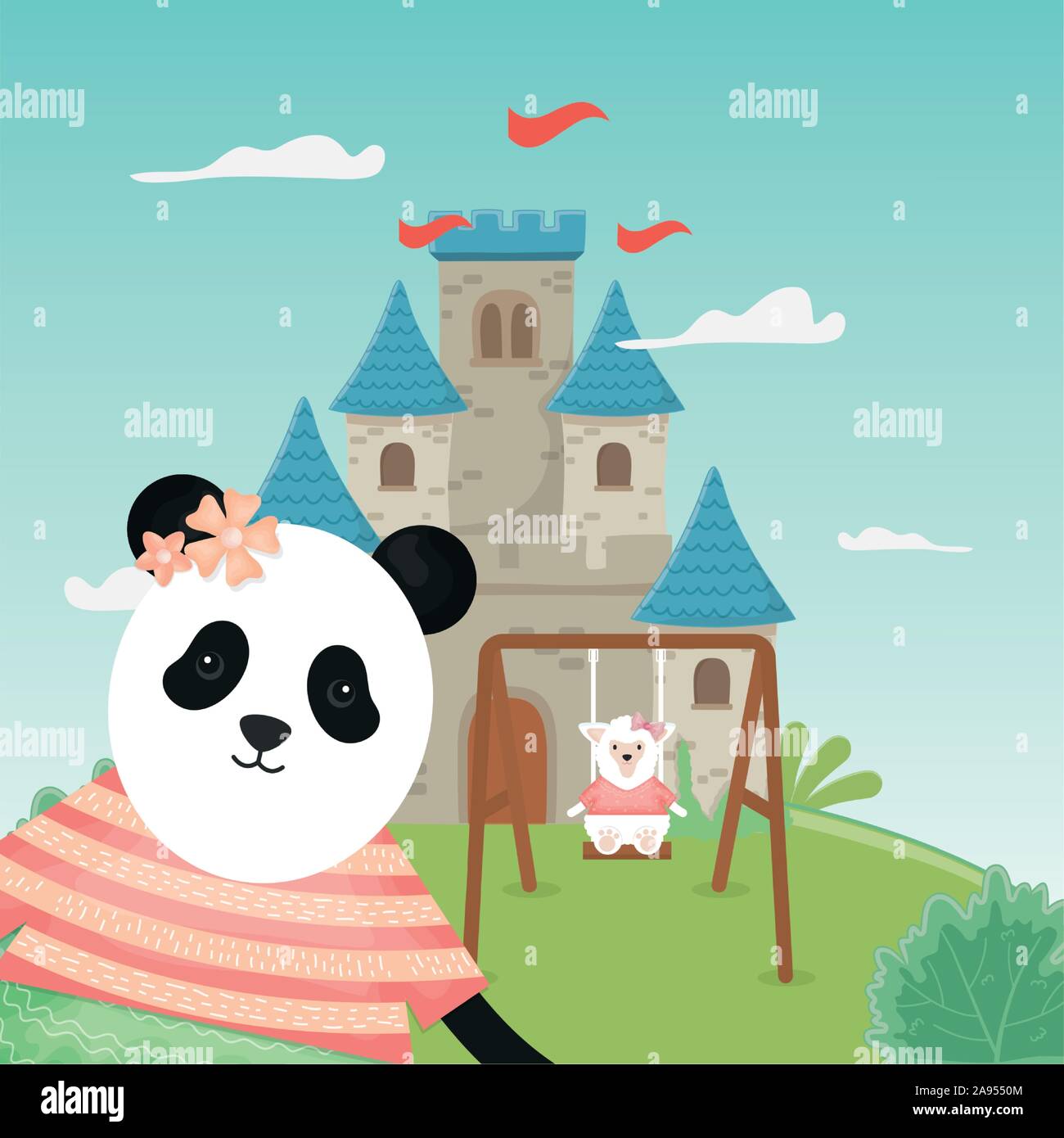 female panda and sheep on the swing and fantasy fairy tale castle ...