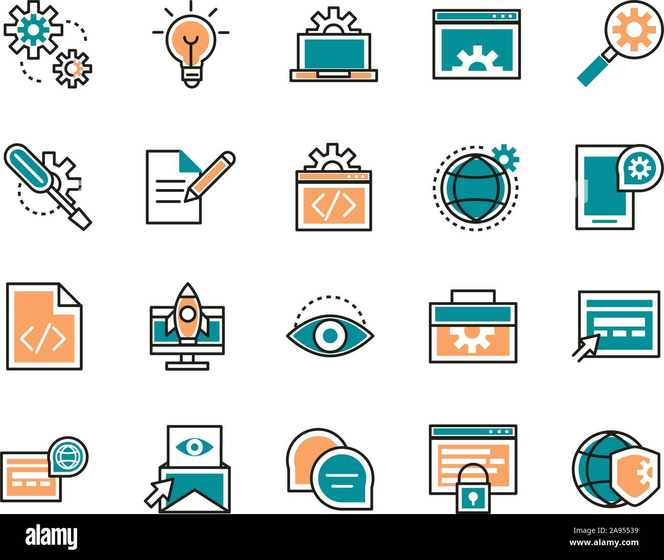 web development icons collection vector illustration line and fill ...