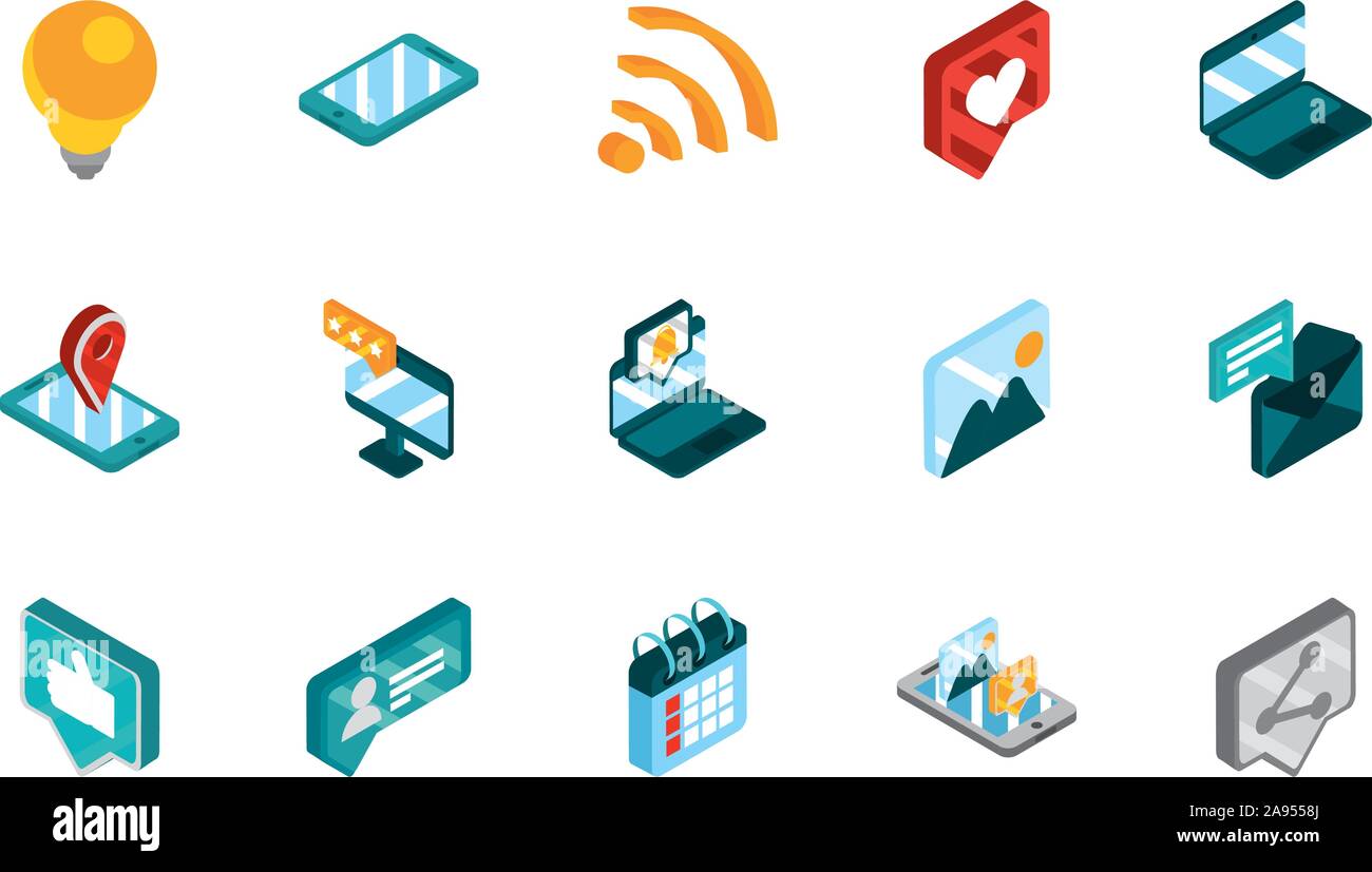 social media isometric icons collection vector illustration Stock ...