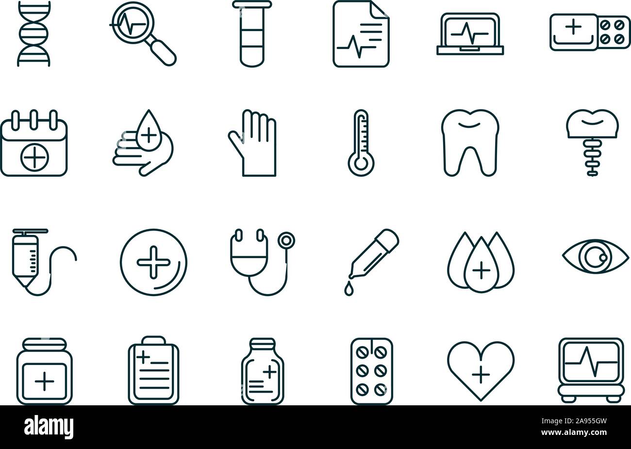 healthcare equipment medical icons set line fill vector illustration ...
