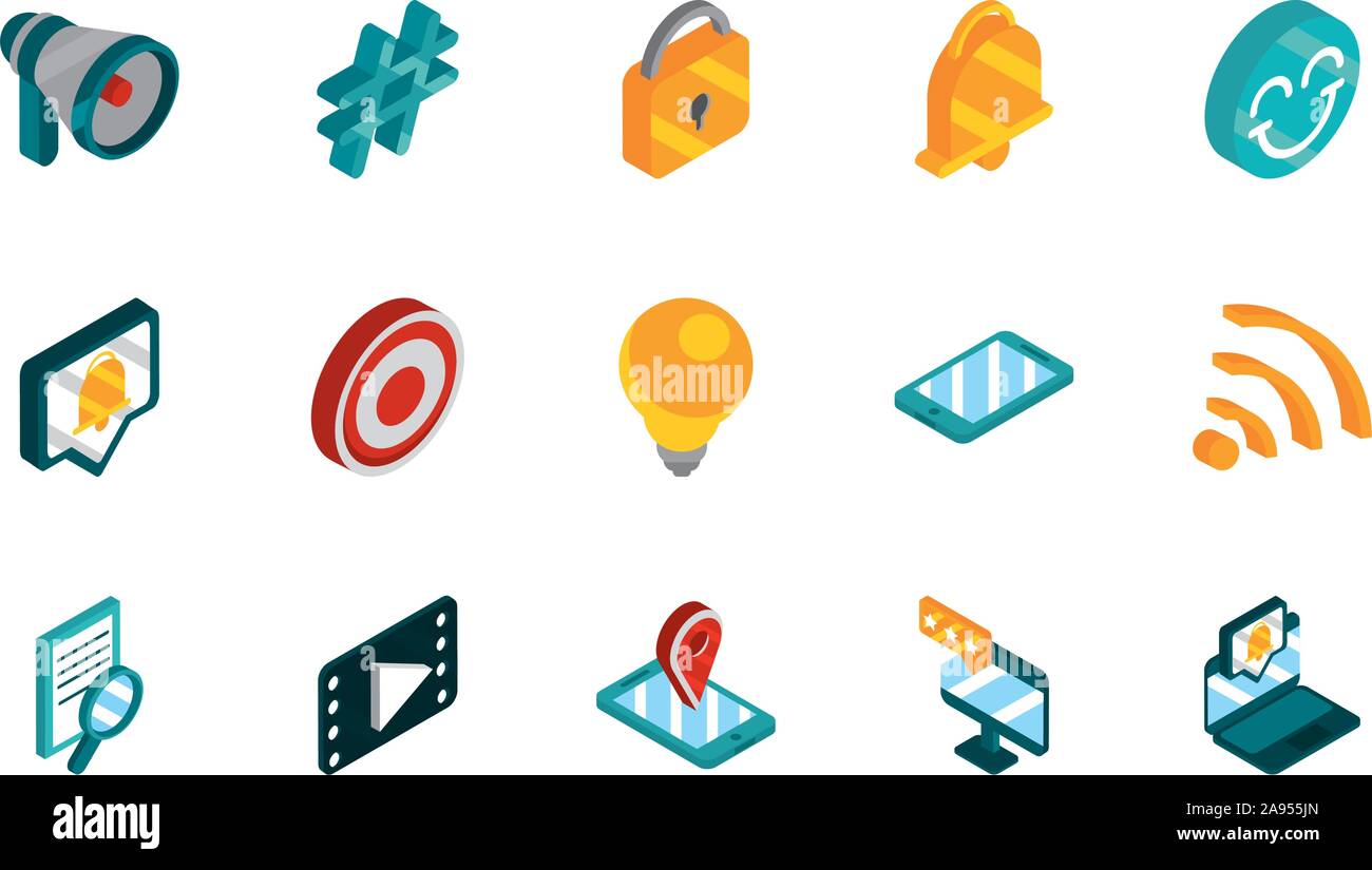 social media isometric icons collection vector illustration Stock ...