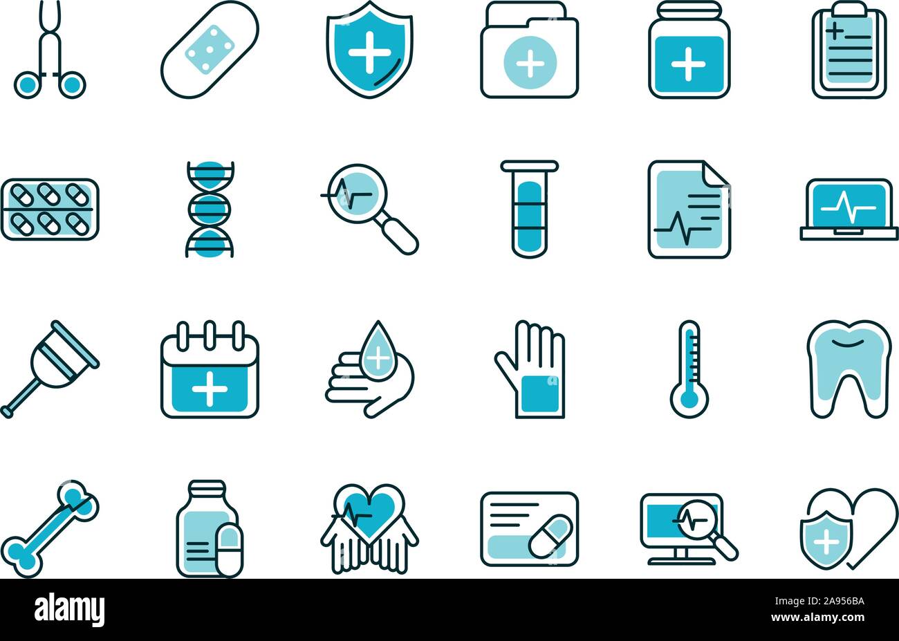 healthcare equipment medical icons set line fill vector illustration ...