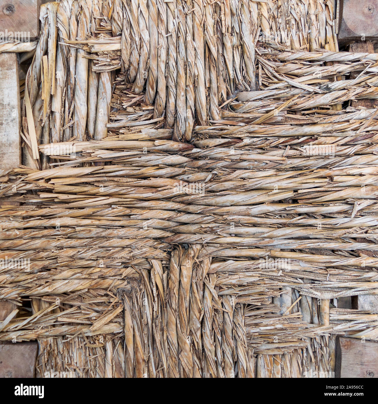 Weathered part of natural thatched wall of old countryside building ...