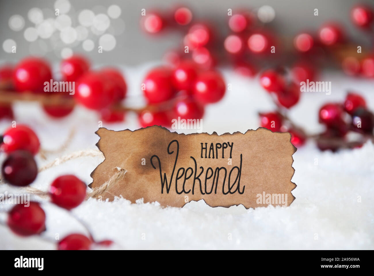 Red Christmas Decoration, Snow, Label, Happy Weekend Stock Photo - Alamy