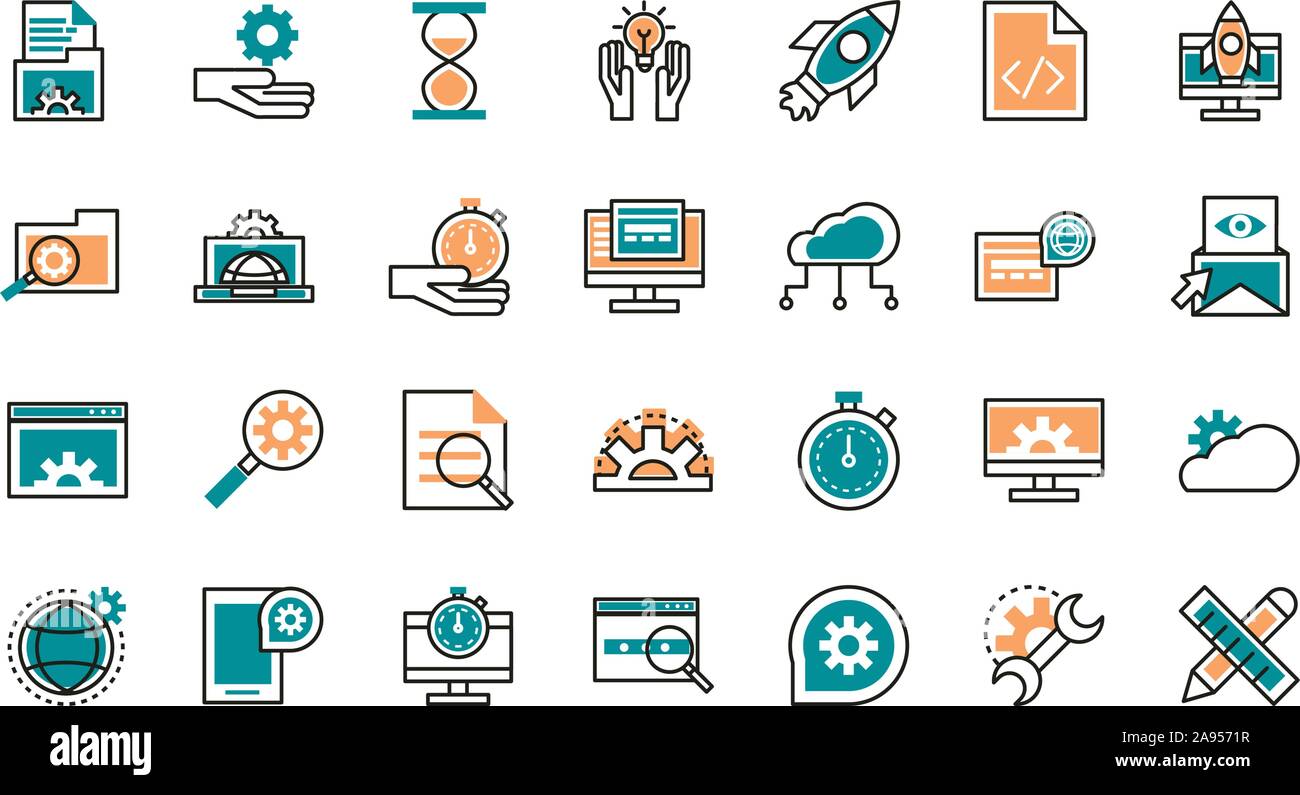 web development icons collection vector illustration line and fill ...