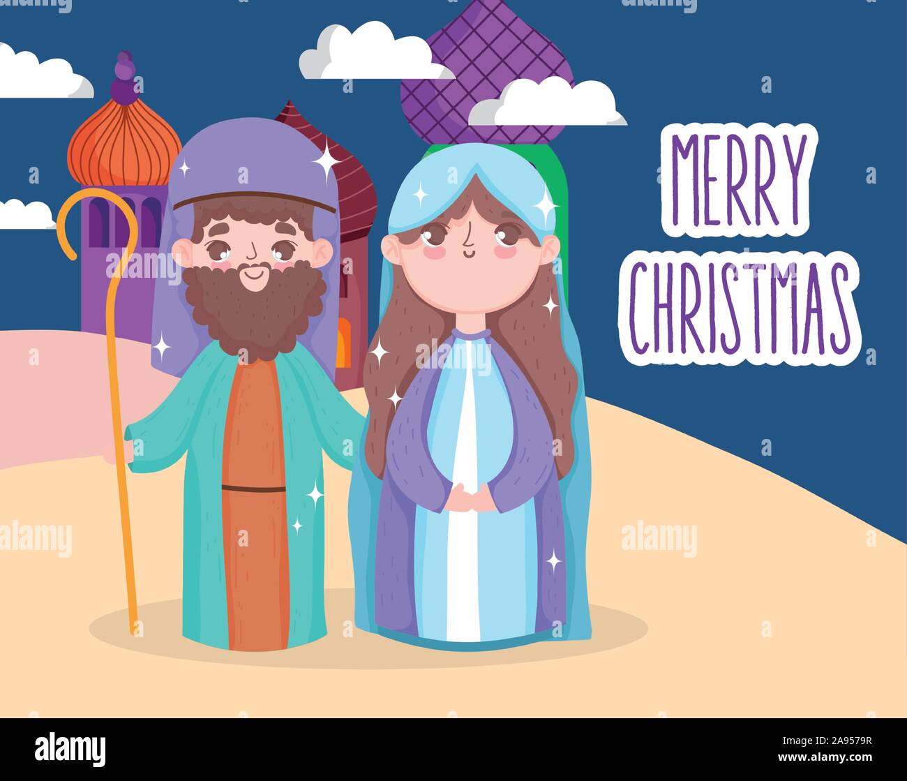 holy mary and joseph manger nativity, merry christmas vector ...