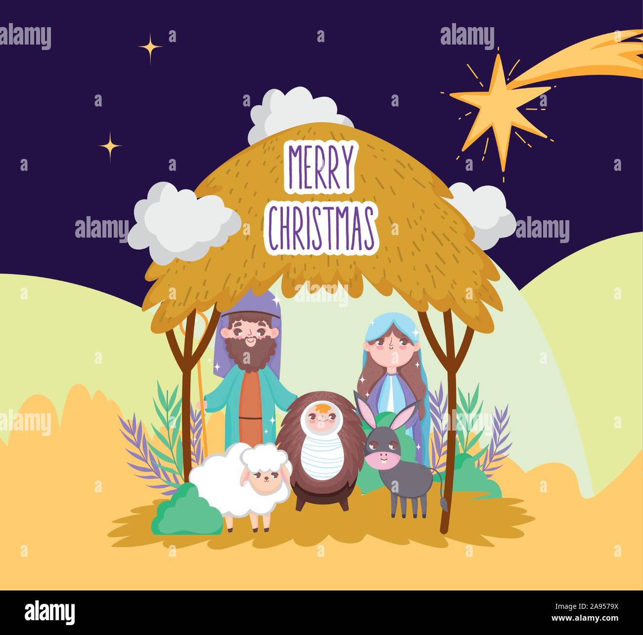 sacred family sheep and donkey manger nativity, merry christmas vector ...