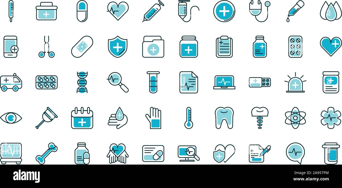 healthcare equipment medical icons set line fill vector illustration ...