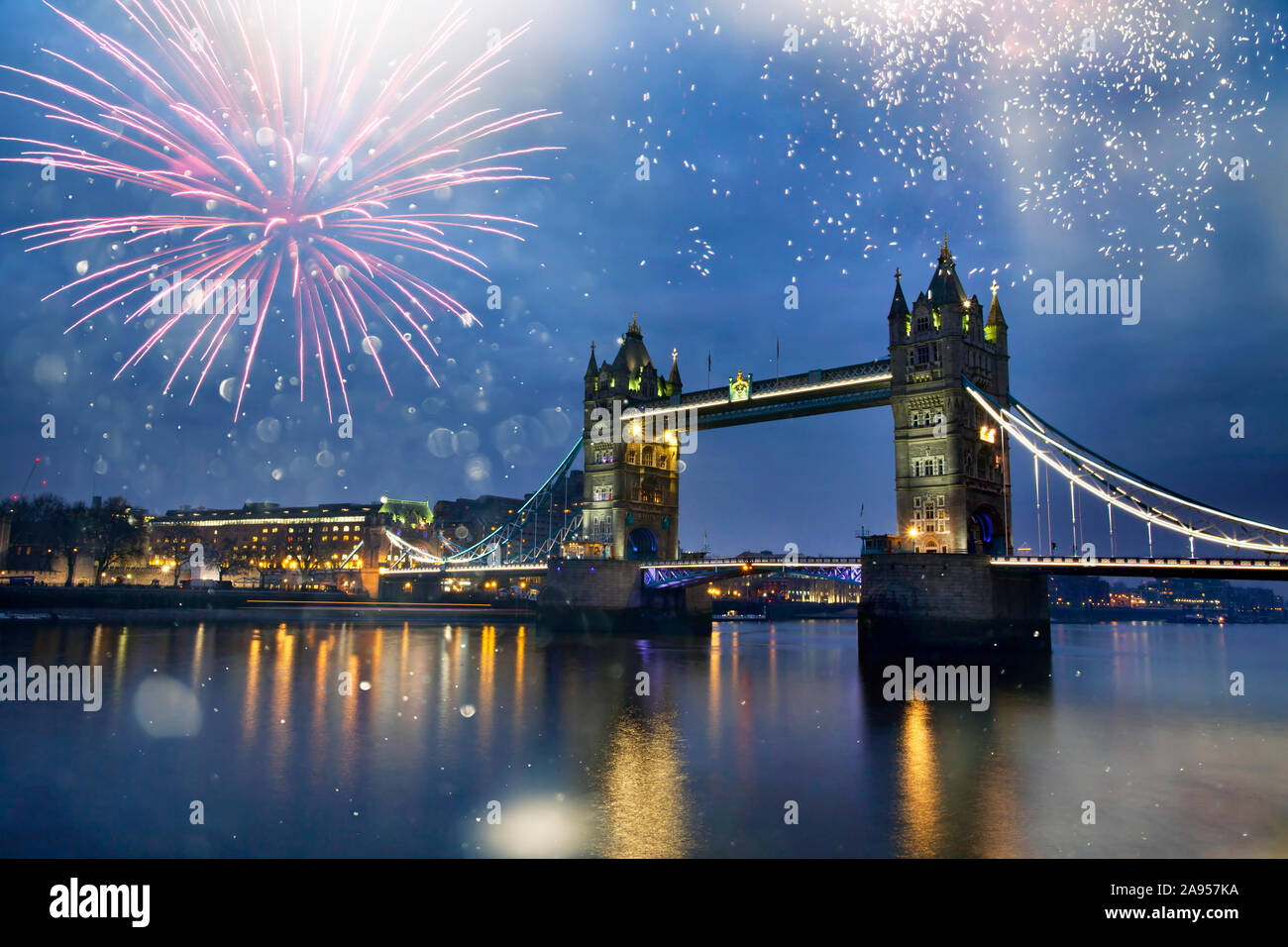 Celebratory fireworks over Tower Bridge - New Year destination. London ...
