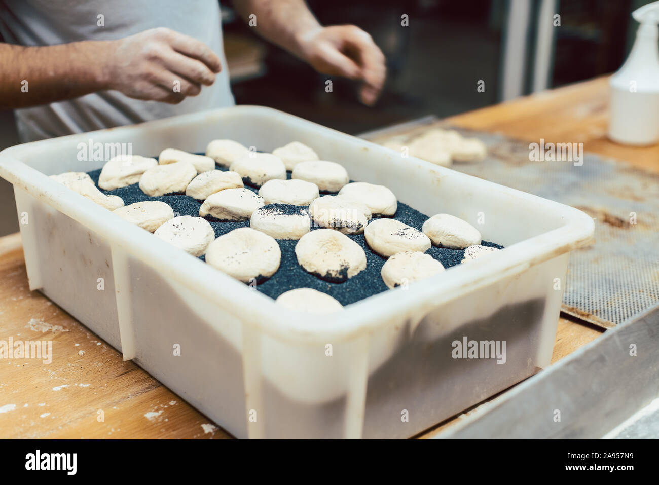 Baker putting poppy seed on raw bread rolls Stock Photo - Alamy