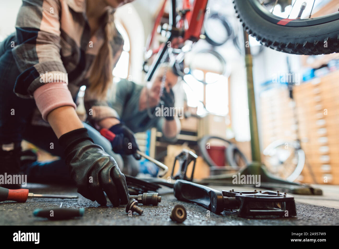 Bike mechanic working on a bicycle getting her tools Stock Photo - Alamy