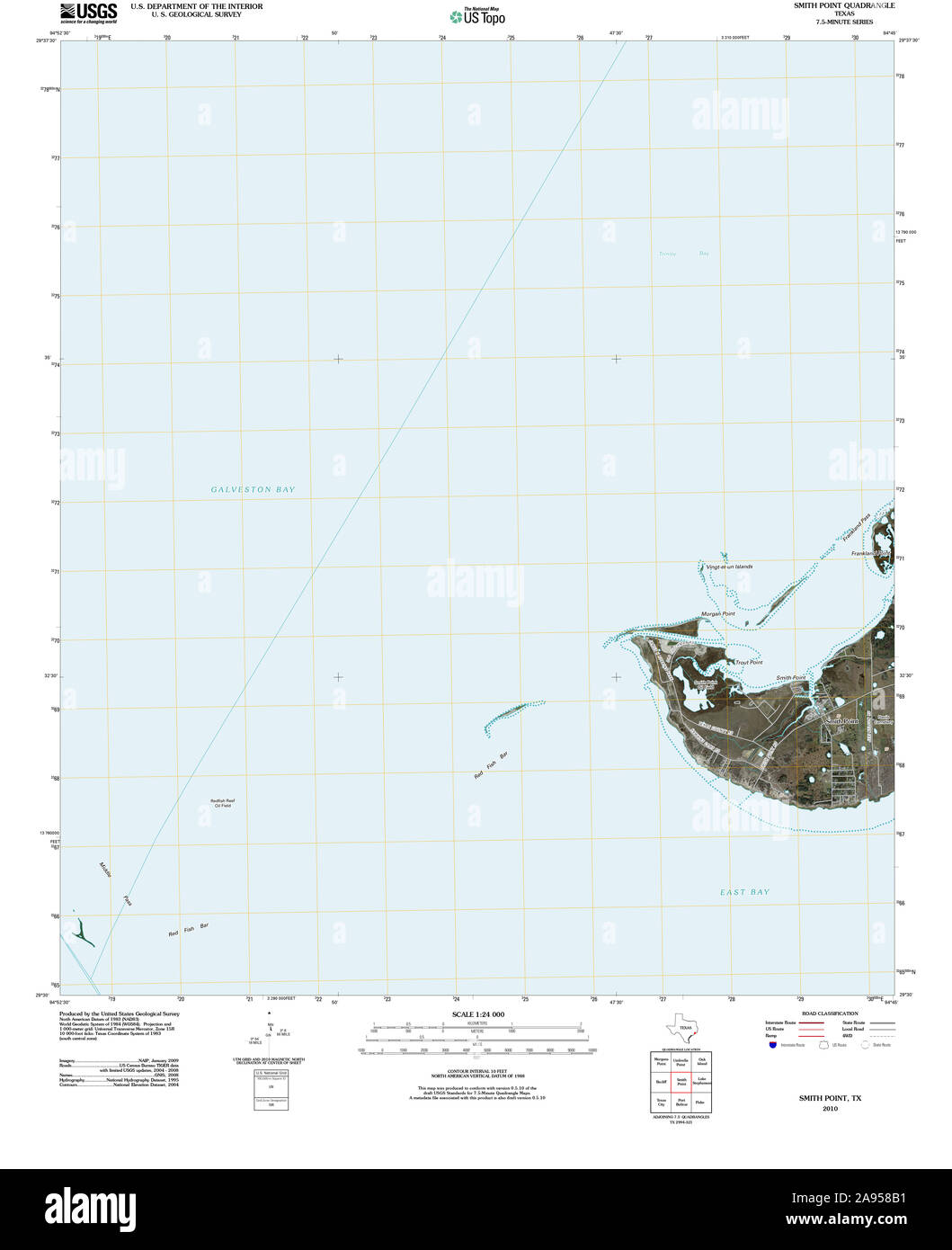 USGS TOPO Map Texas TX Smith Point 20100611 TM Restoration Stock Photo ...