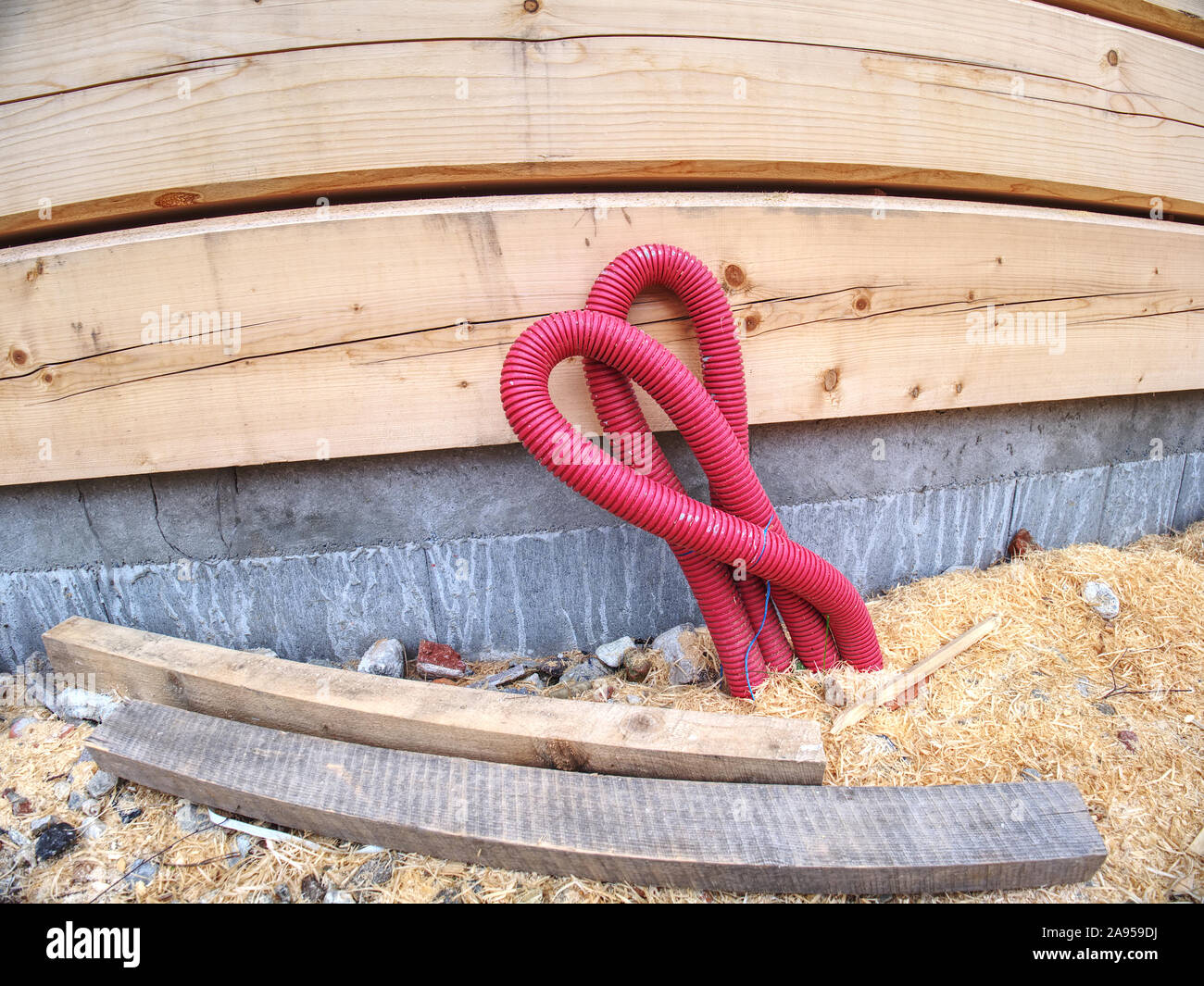 Exterior of log wooden house. Close-up wooden wall from big logs. Green ...