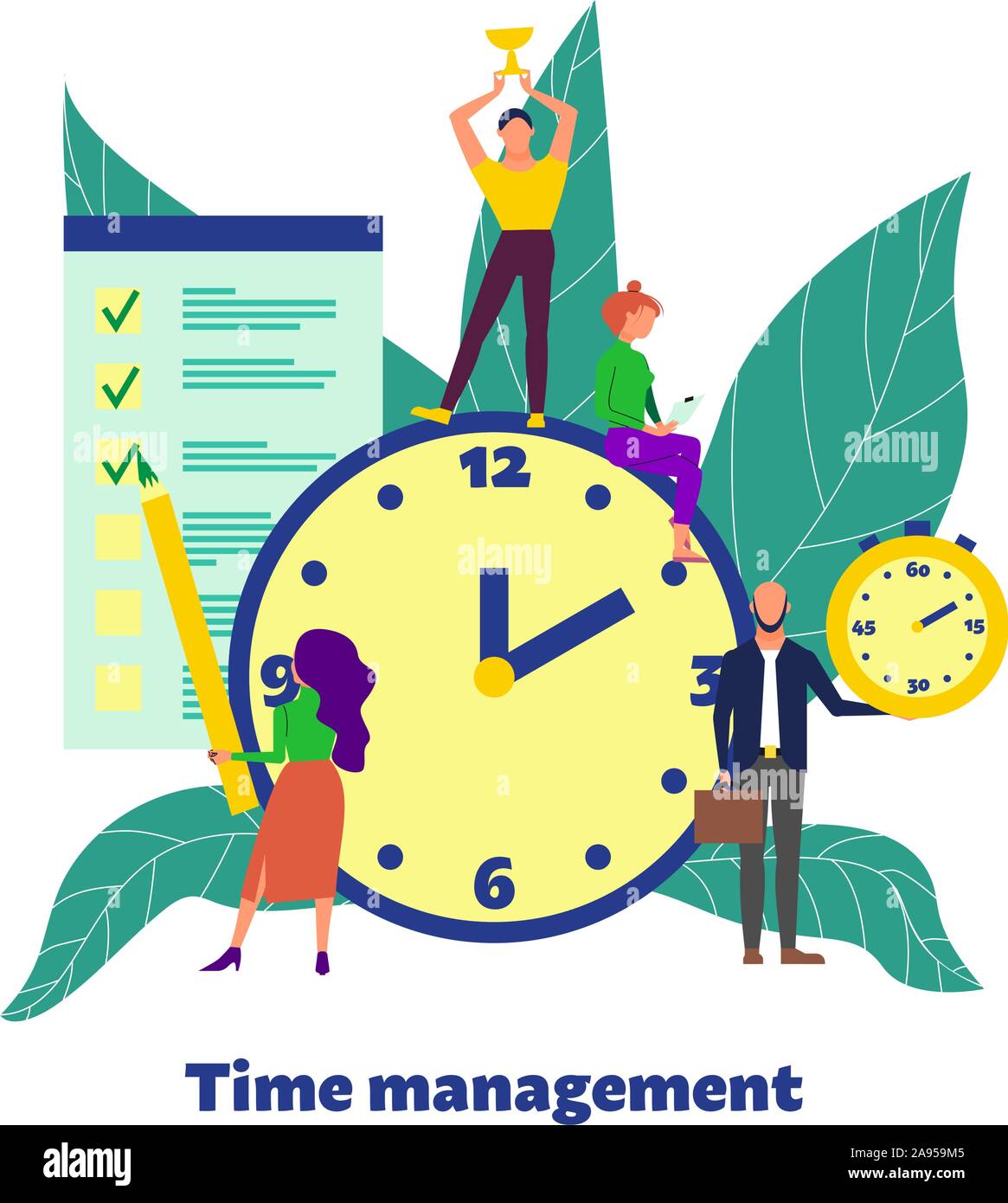 Time management concept art. Group of people around big clock, man ...