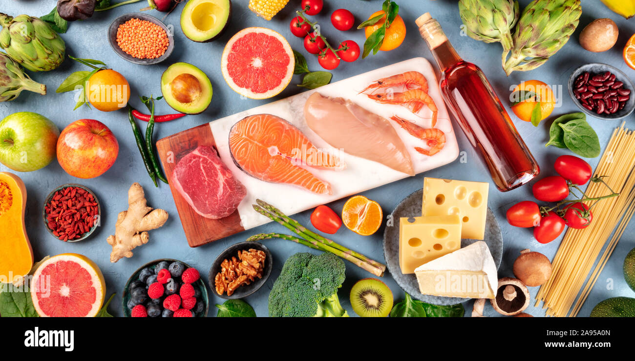Food panorama, meat, fish, chicken and shrimps, vegetables and fruits ...