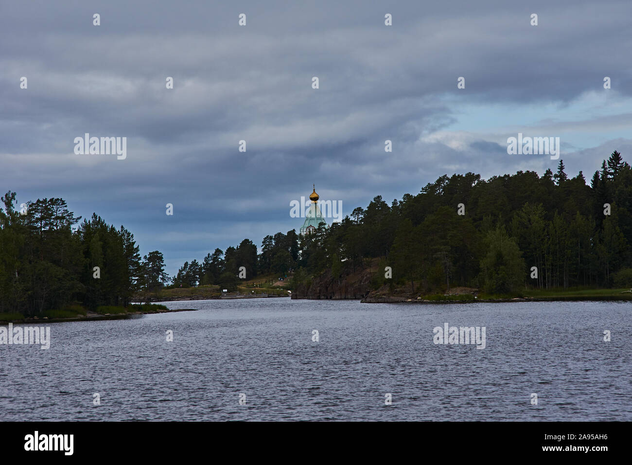 Typical Karelian landscape on the island of Valaam: forest of conifers ...