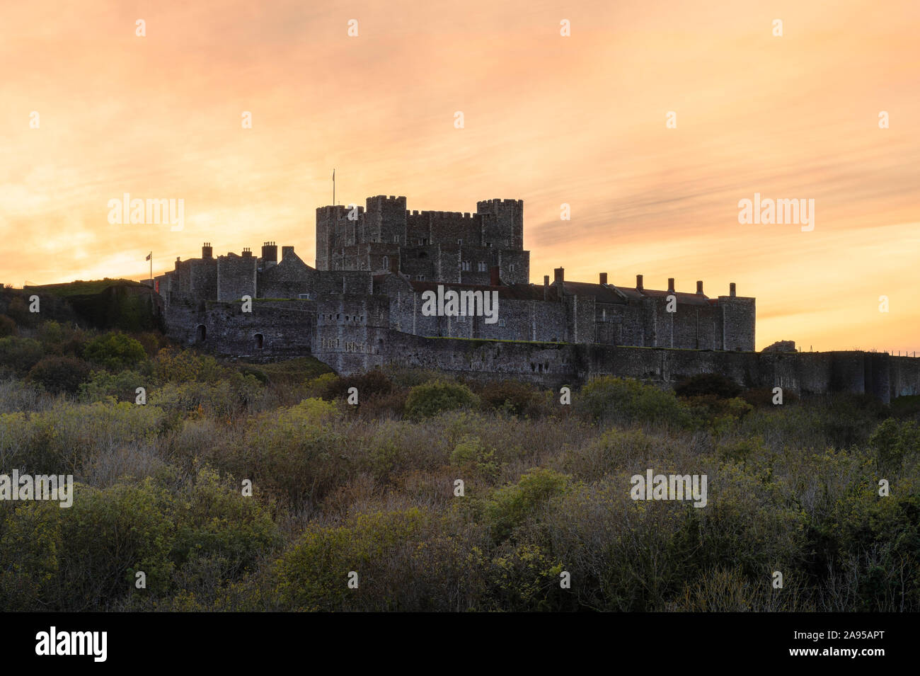 Dover Castle, Dover, Kent. The imposing medieval castle shot at sunset ...