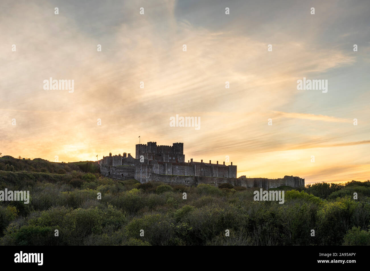 Dover Castle, Dover, Kent. The imposing medieval castle shot at sunset ...