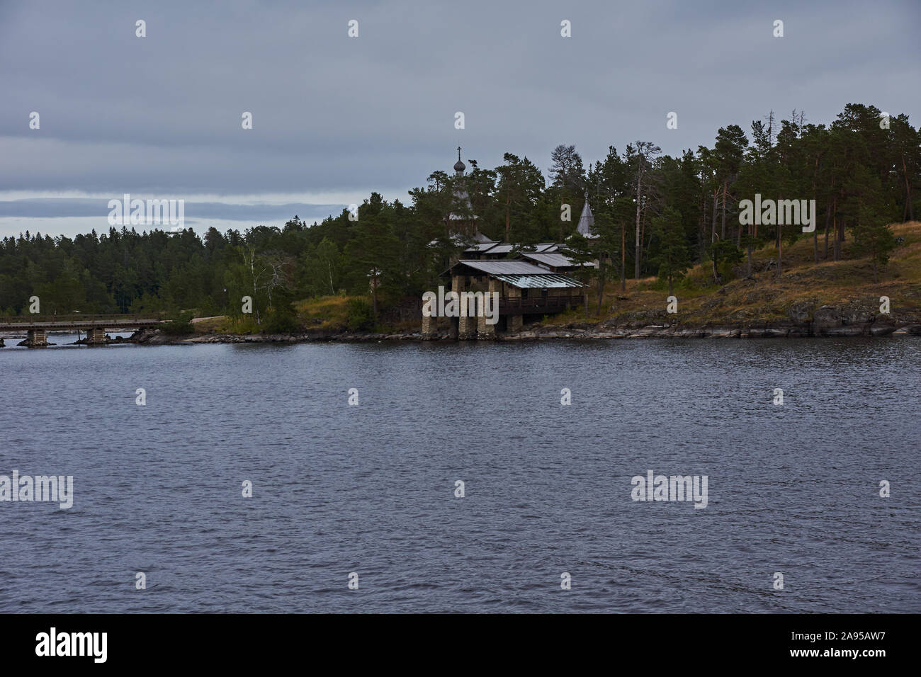Typical Karelian landscape on the island of Valaam: forest of conifers ...