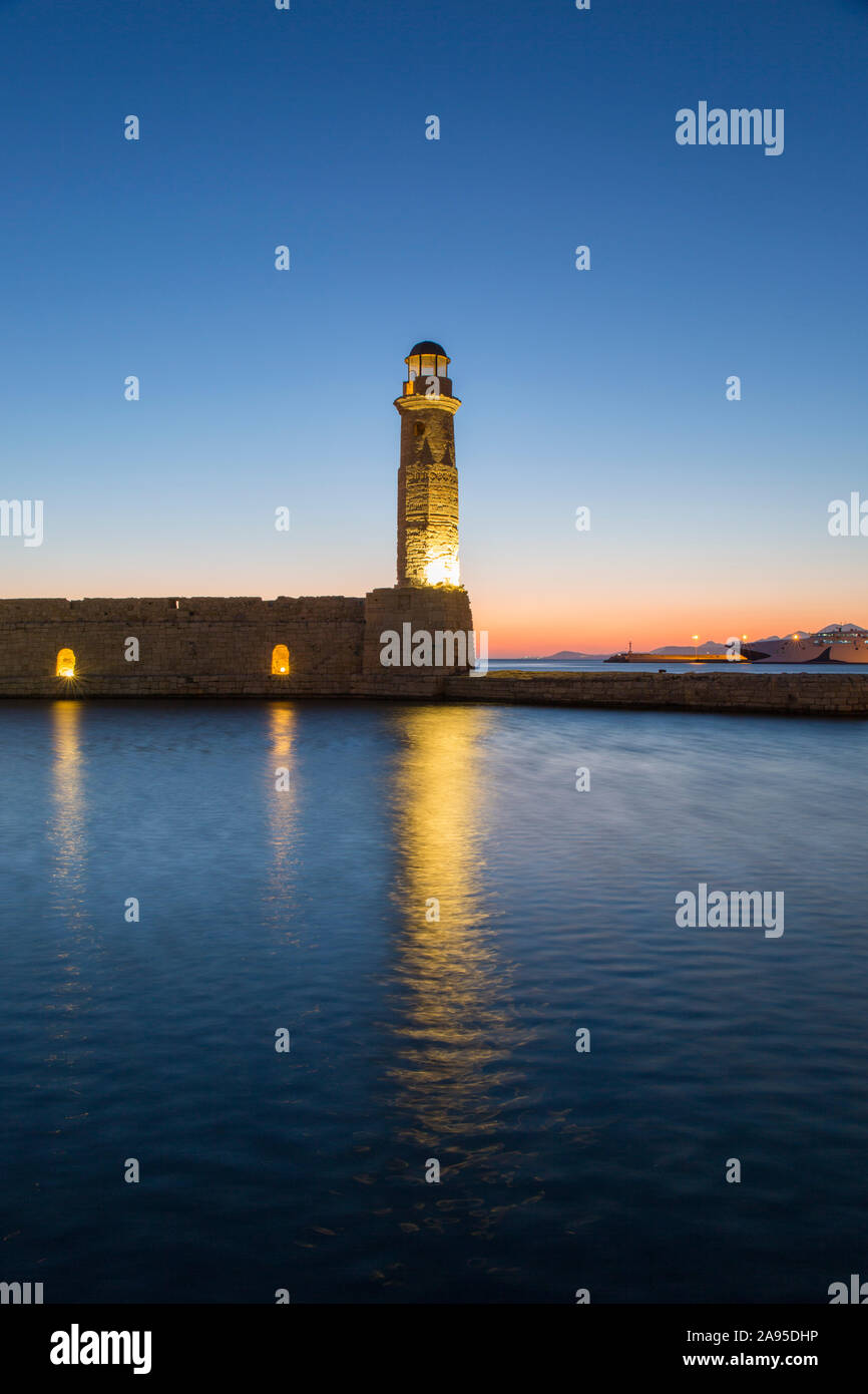 Rethymno, Crete, Greece. Illuminated 16th century Turkish lighthouse at ...