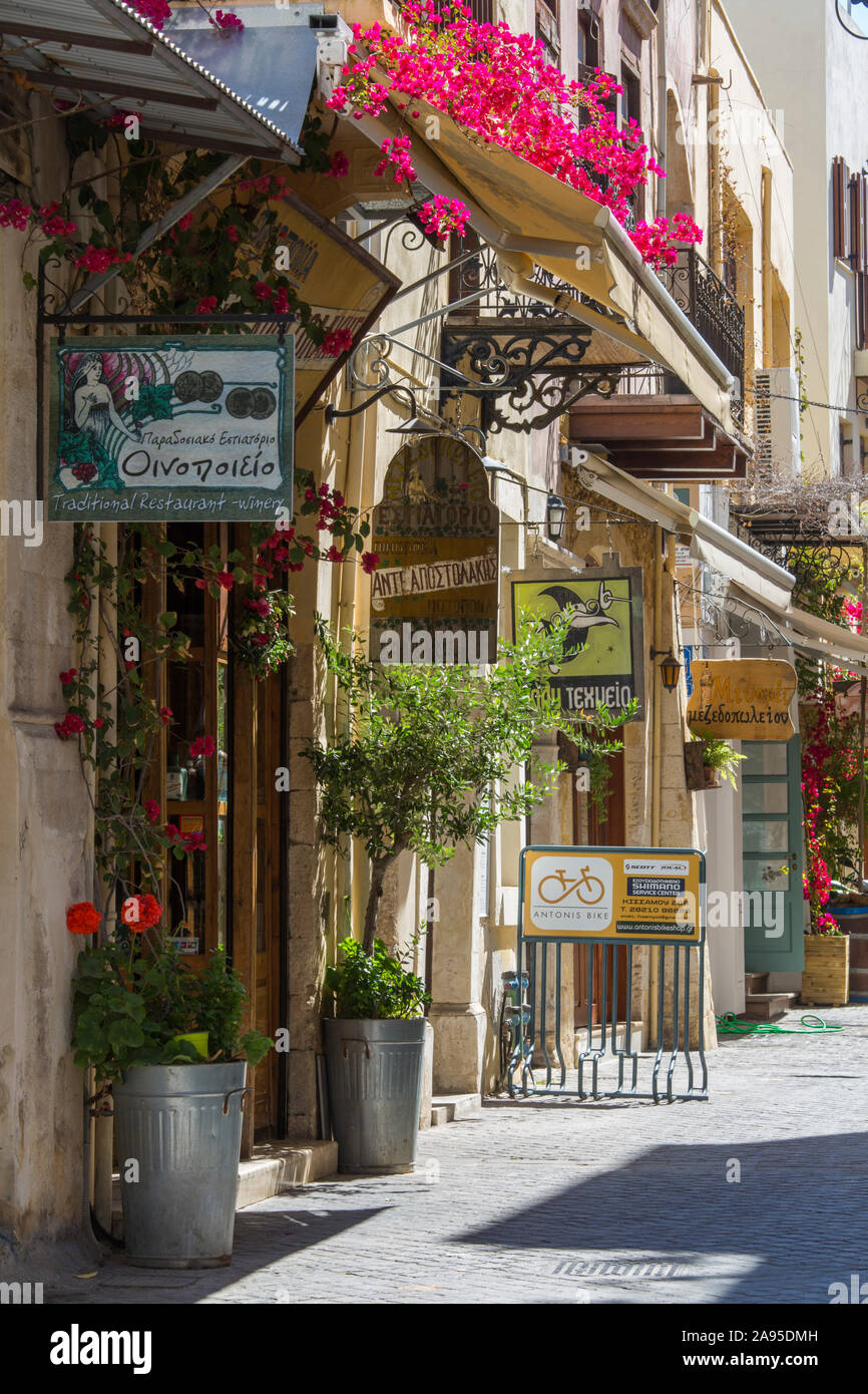 Chania, Crete, Greece. View along flower-filled Odos Hatzimihali ...