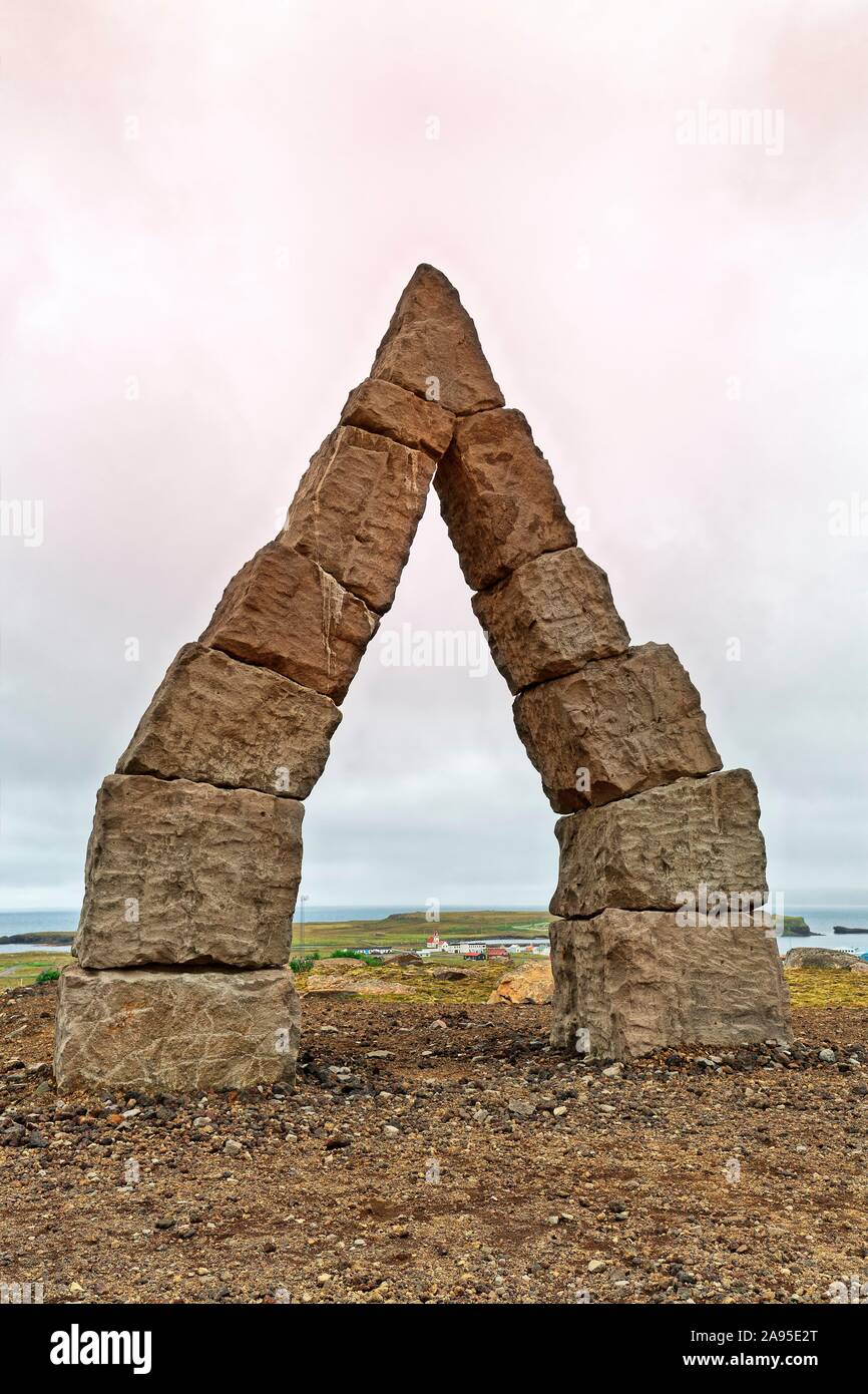 Monumental stone gate in barren landscape, Arctic Henge, Raufarhofn ...