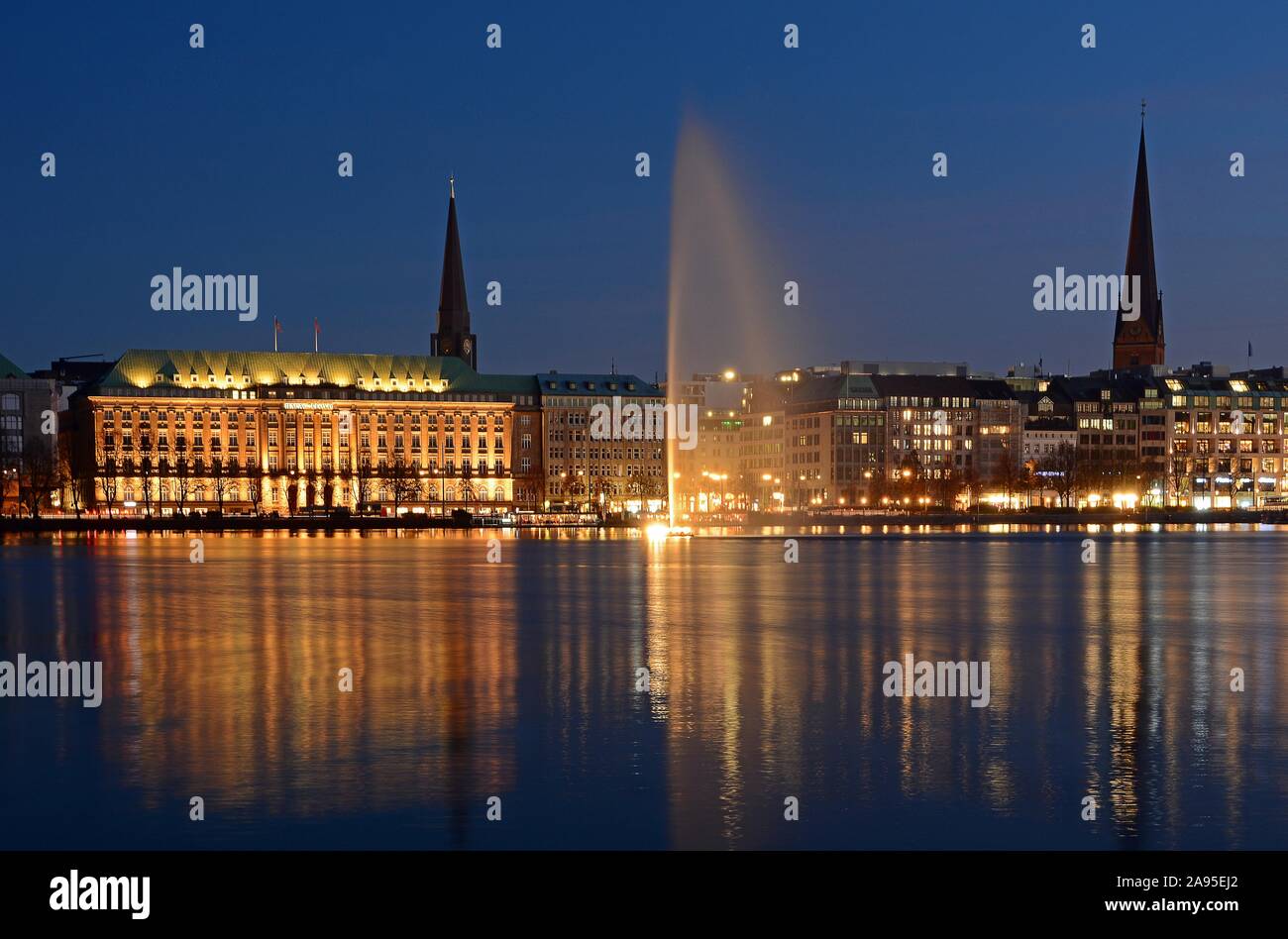 Inner Alster Lake with Alster fountain at the blue hour, Hamburg ...