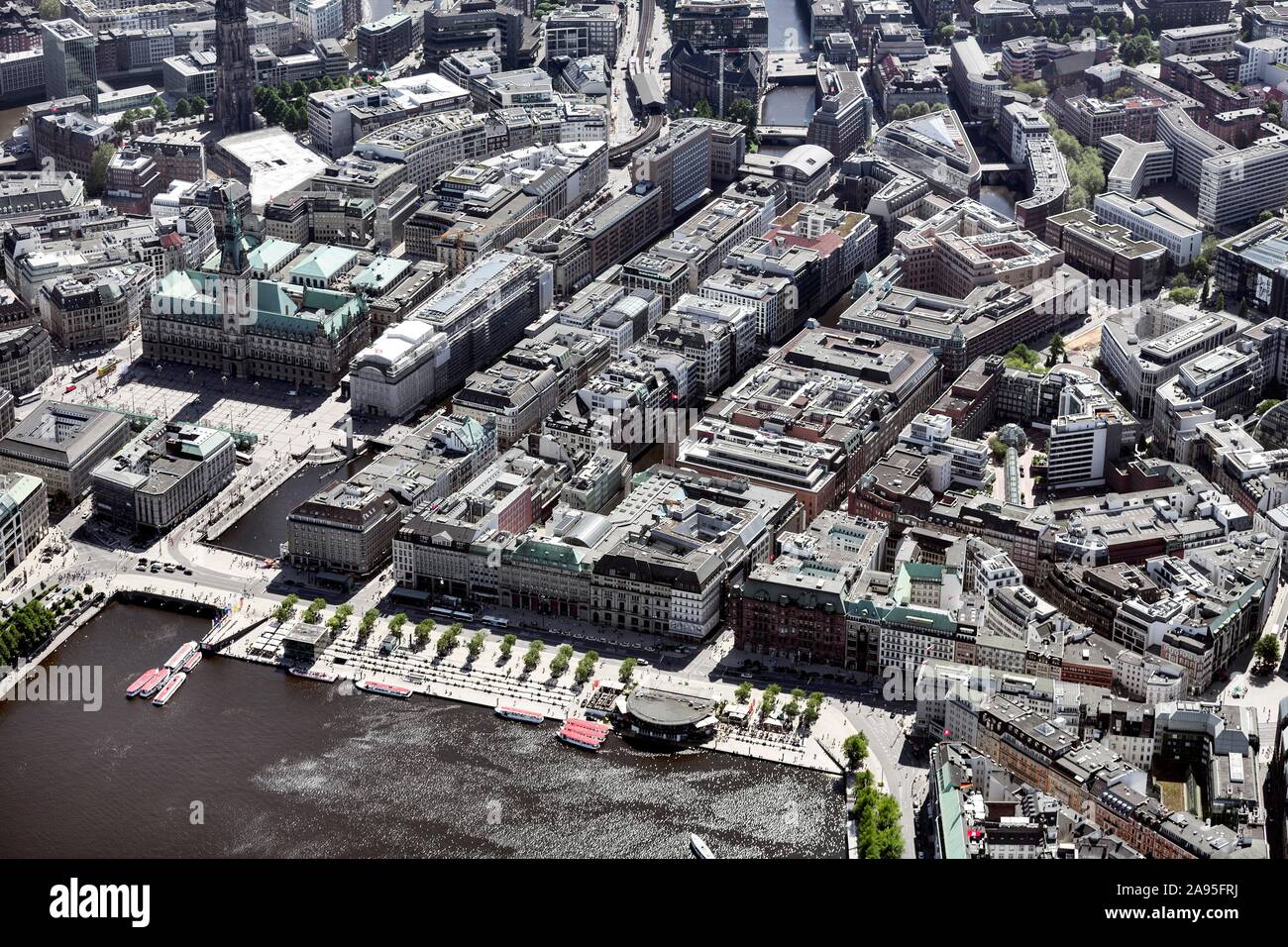 Aerial view, Jungfernstieg, Inner Alster Lake, riverside promenade ...