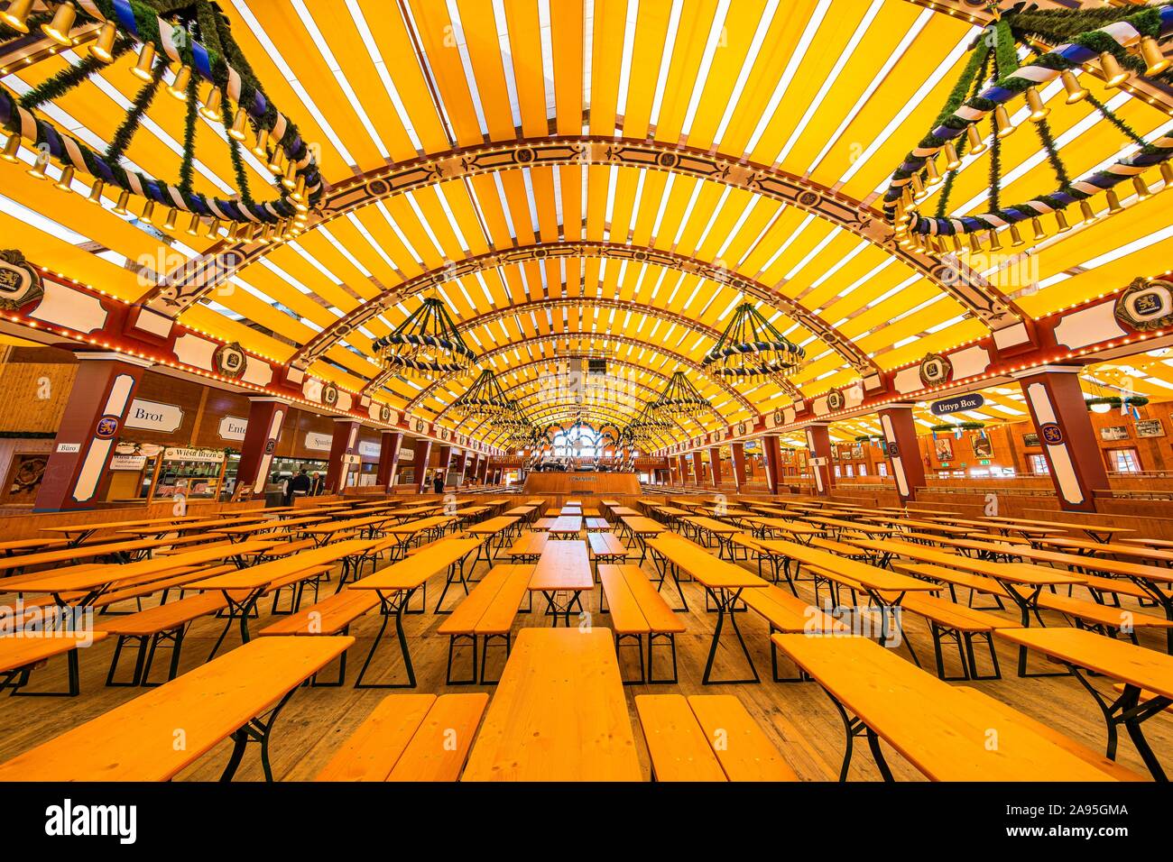 Set-up of Lowenbrau marquee, Oktoberfest, Theresienwiese, Munich, Upper ...