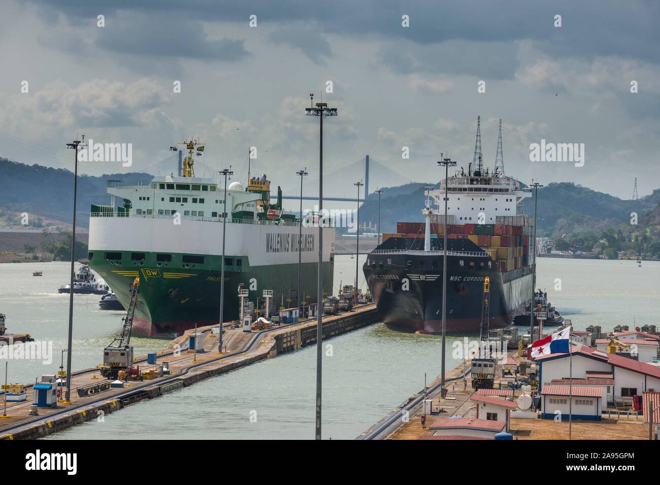 Cargo boats passing the Miraflores locks, Panama canal, Panama city ...