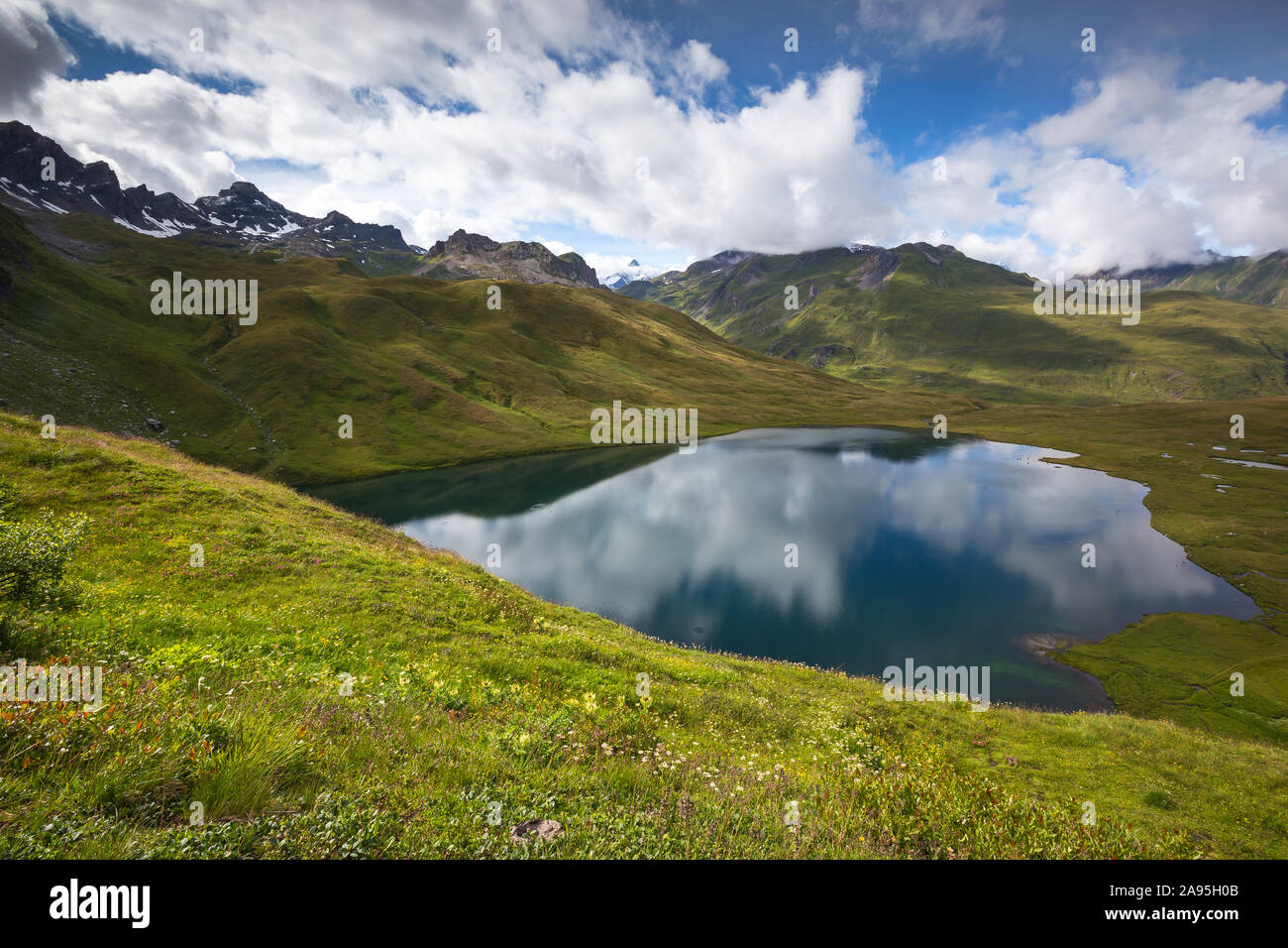 Lago Verney, Lac du Verney. Alpine lake near Colle del Piccolo San ...